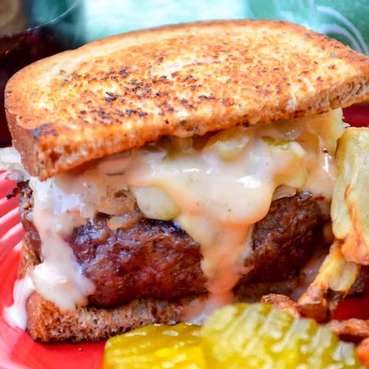 Grilled Reuben Burgers on Buttered Rye Toast - Grumpy's Honeybunch
