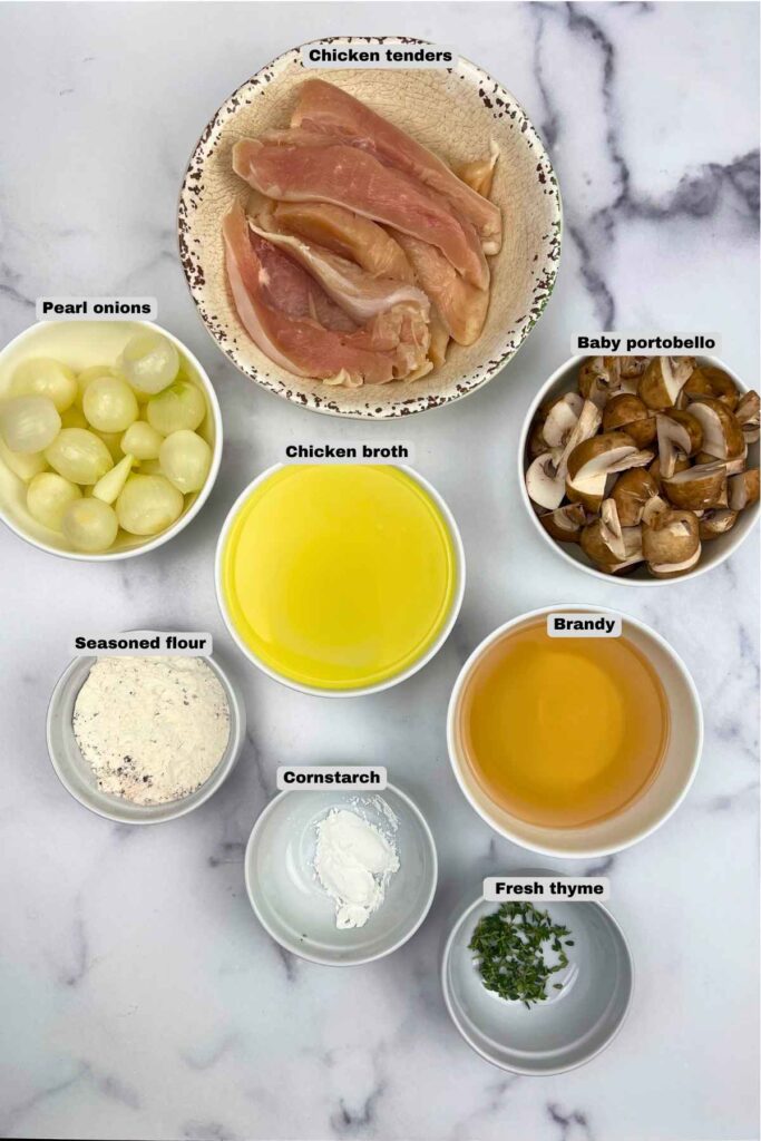 Brandy Chicken with Mushrooms and Pearl Onions