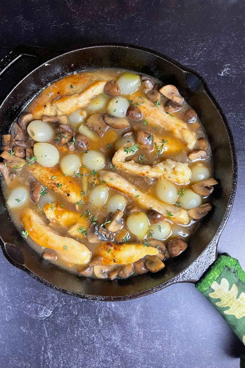 Brandy Chicken with Mushrooms and Pearl Onions